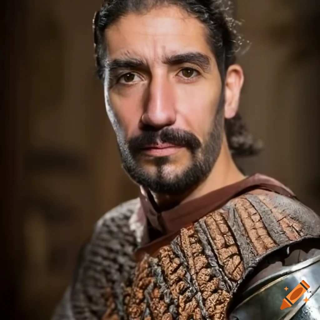 Hispanic medieval military general, handsome, 32 years, face portrait ...