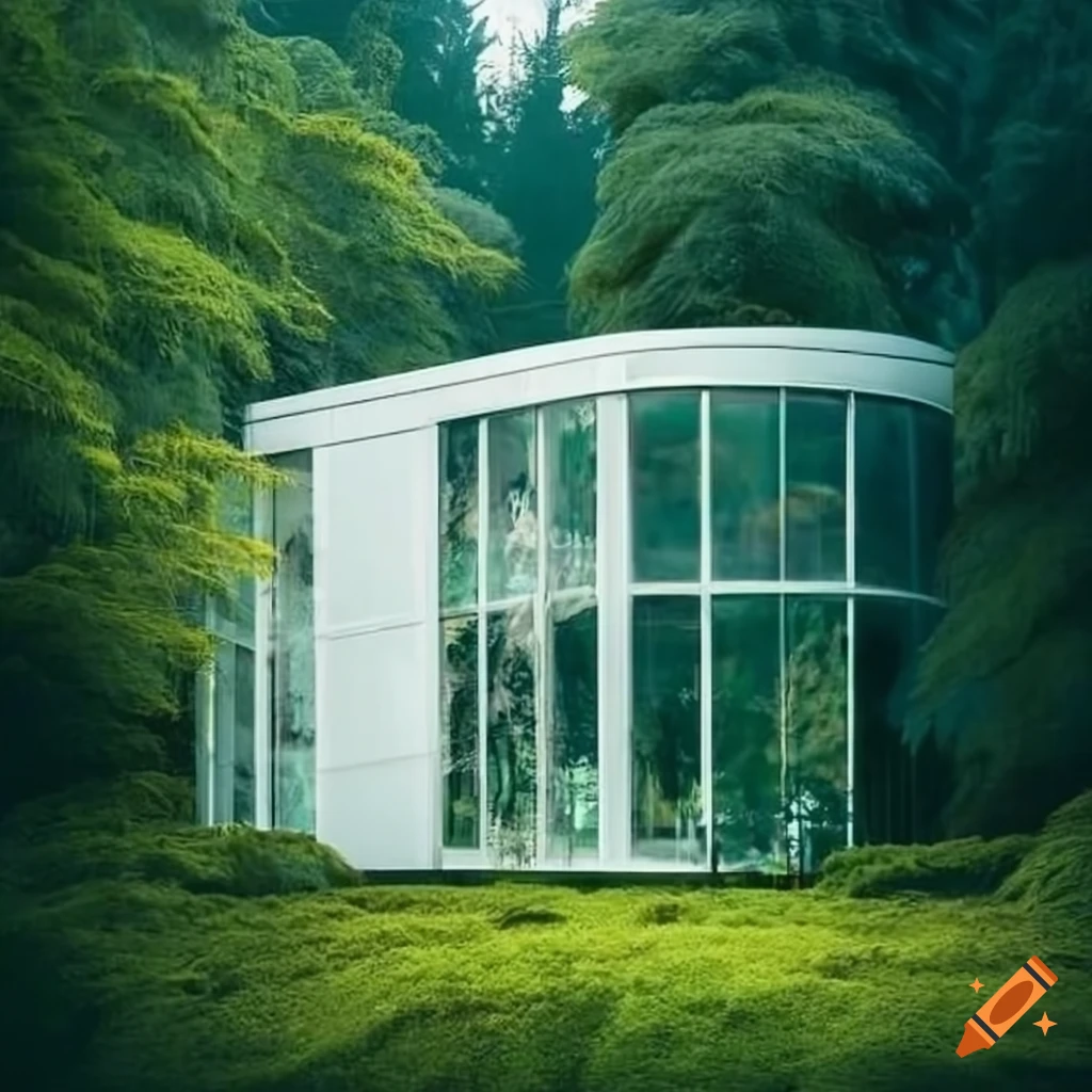 Large white architectural house with a glass wall surrounded by ferns ...