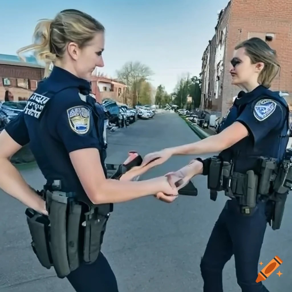 Caucasian police officers Ariel Bellingham and Allison Pierz patrolling ...