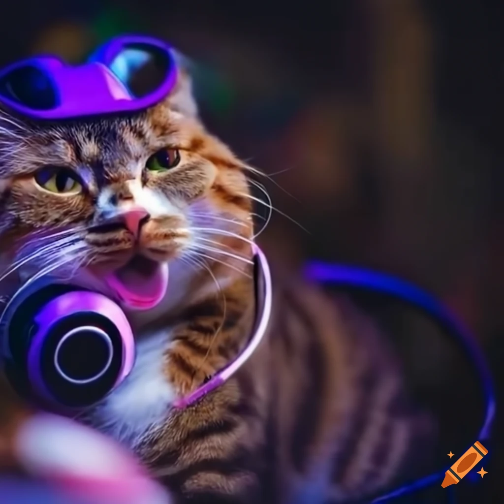 A cat wearing headphones and djing at a music festival