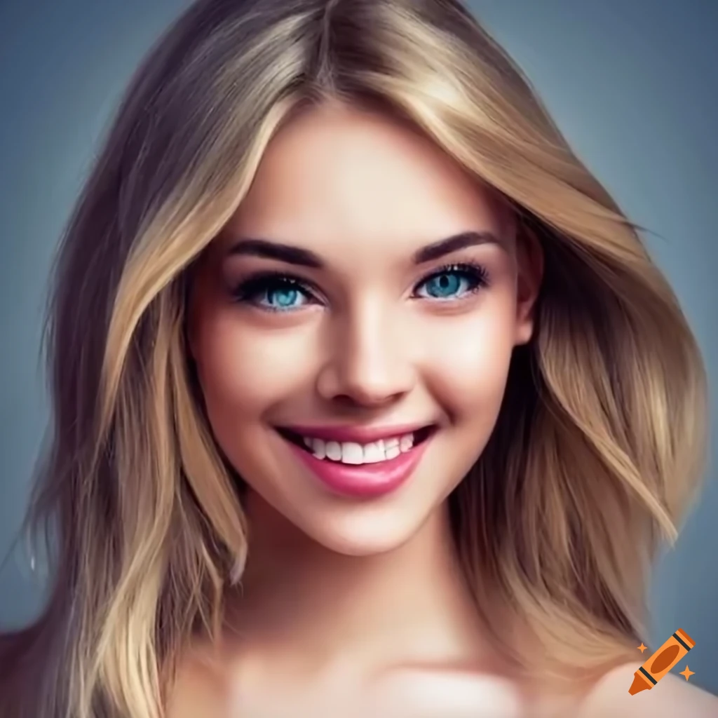 Beautiful young woman shoulder-length blonde hair cheerful smile on Craiyon