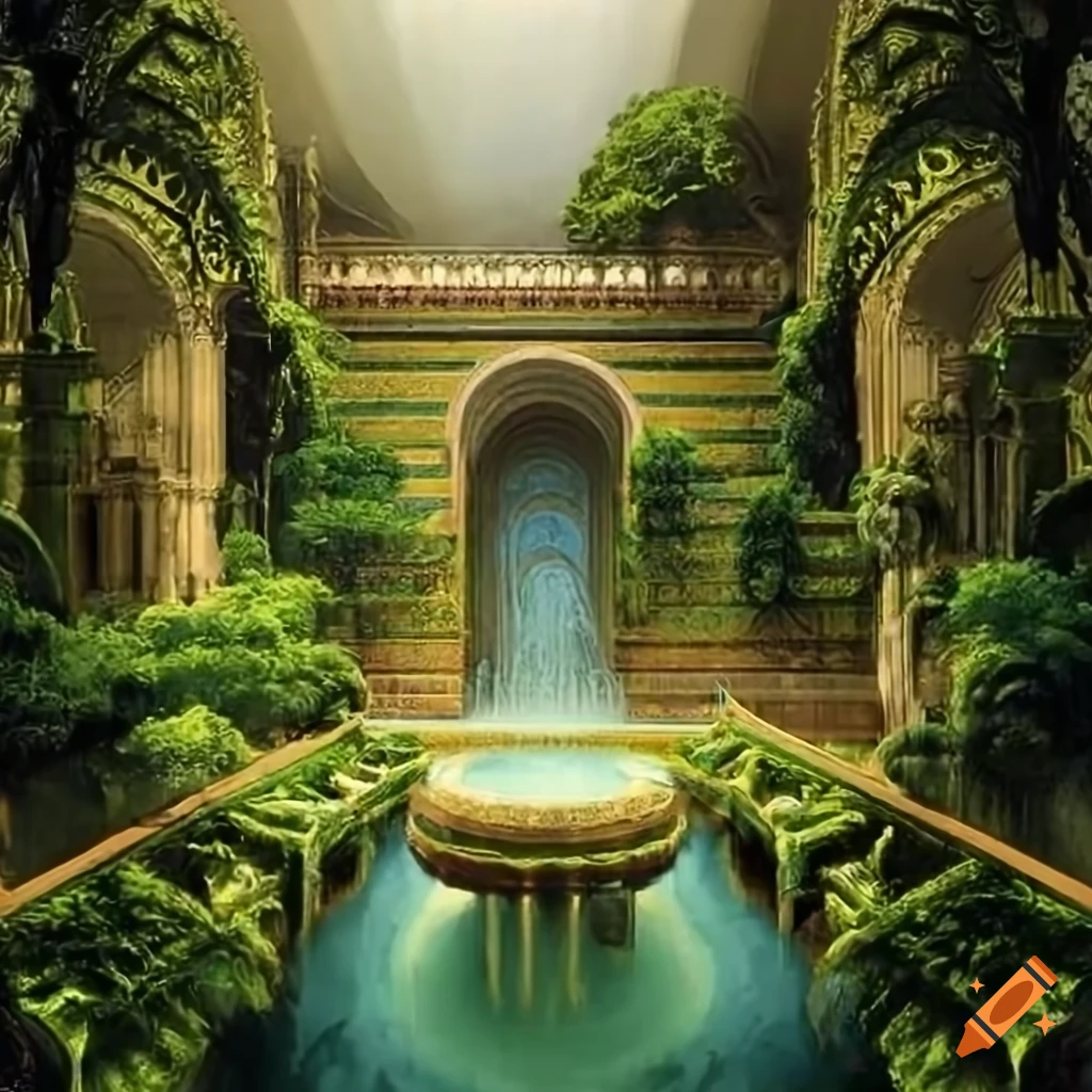 The hanging gardens of babylon, misty, bloom lighting, art deco architecture, lush greenery ...