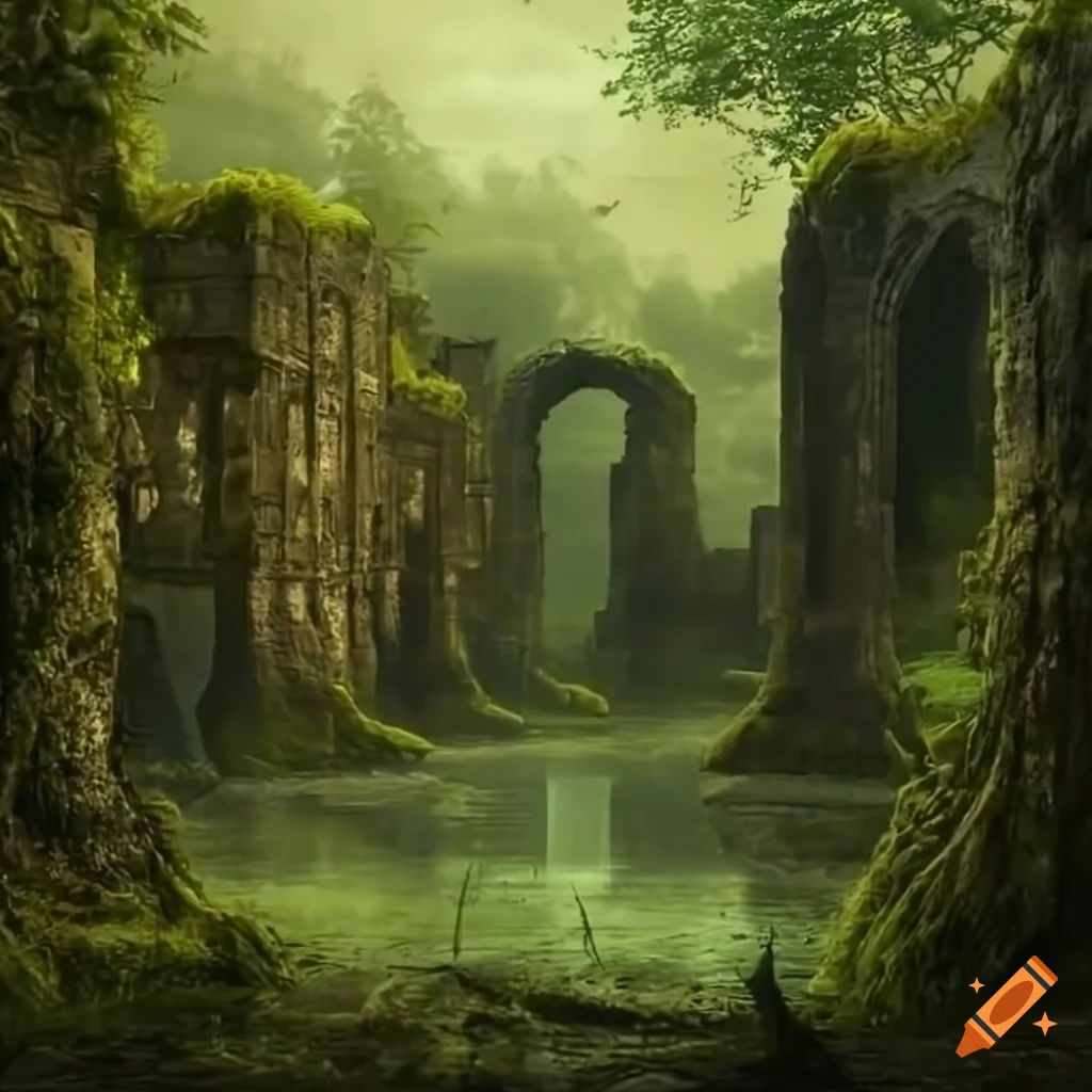 Medieval city ruins, crumbled walls, fallen statues, in a swamp, moss ...