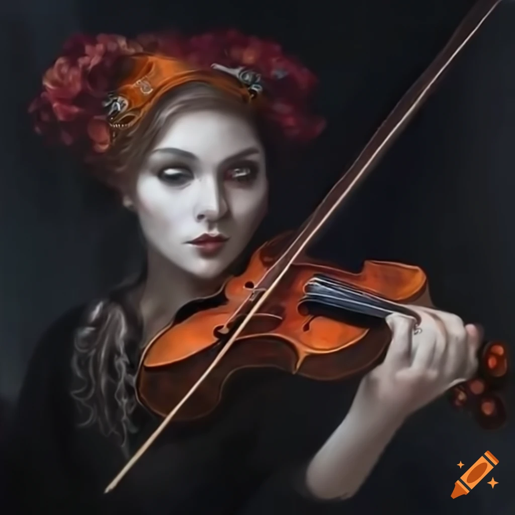 Beautiful changeling bard playing a violin, blending realism with magic