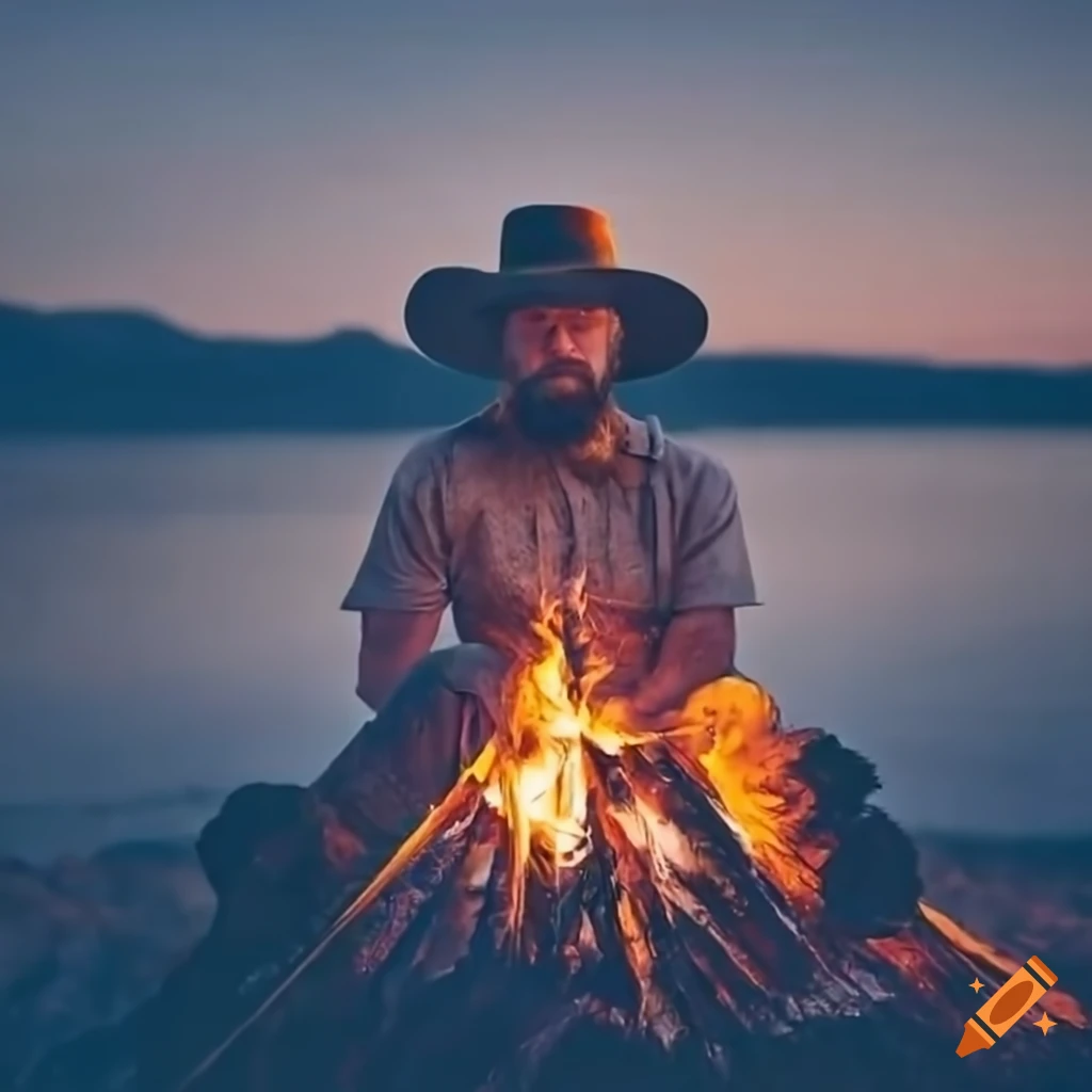 Bearded man in outback hat at camp fire overlooking lake on Craiyon