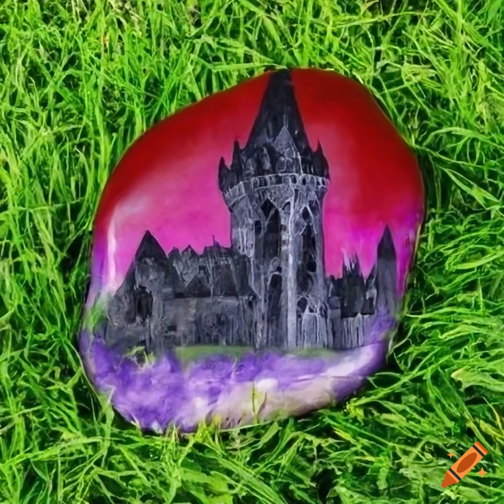 Glossy painted river stone of a painting of a gothic castle in red ...