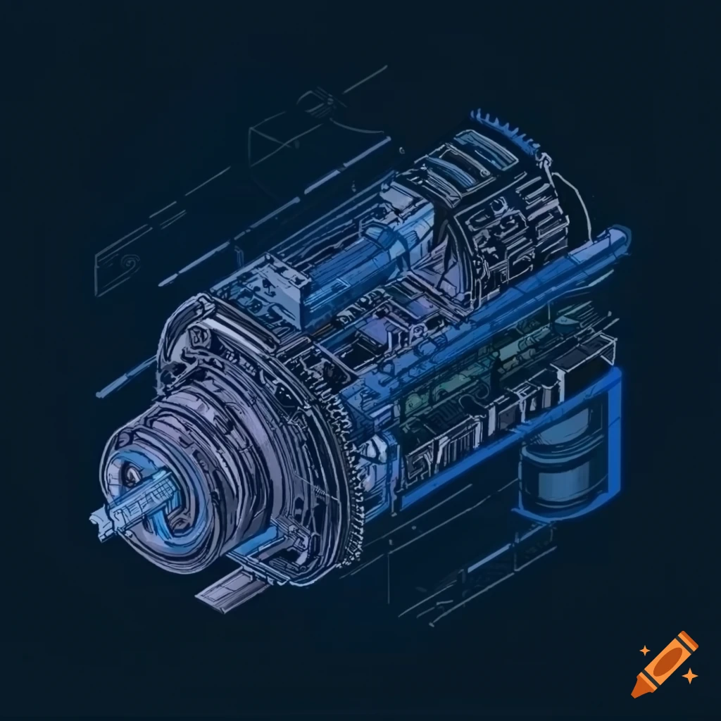 Detailed isometric blueprint of a futuristic engine section