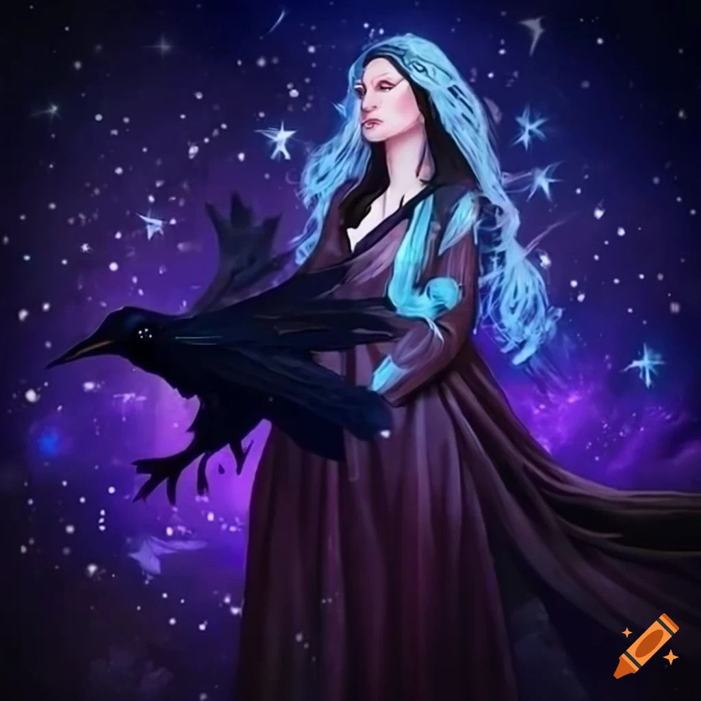 A witch with starry skin and a crow familiar made of stars