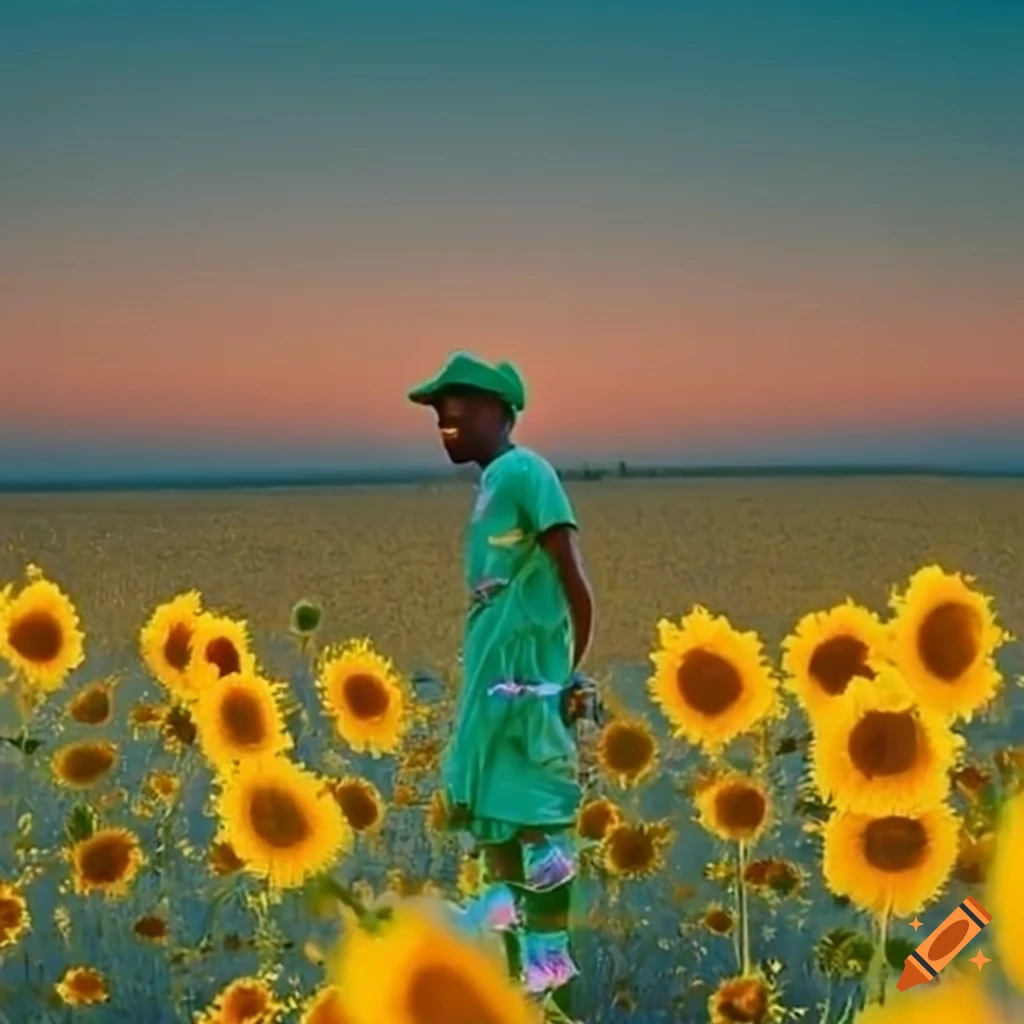 Tyler the creator in sun flower field on Craiyon