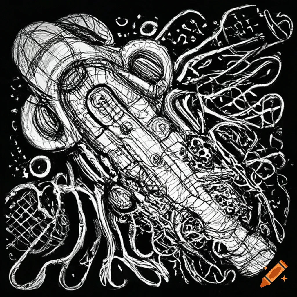 Hectic scribble art that forms a drawing of a detailed spaceship