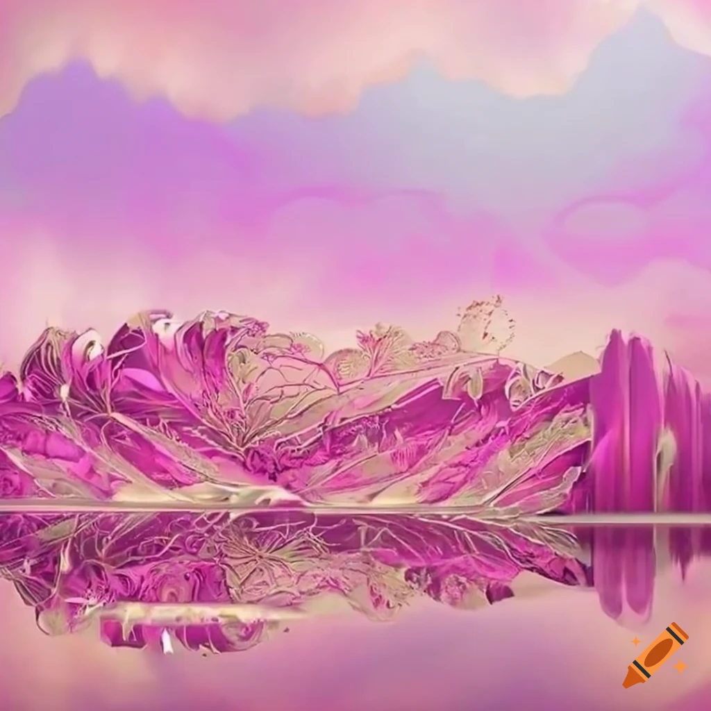 A stunning art nouveau-inspired metallic landscape with intricate pink ...