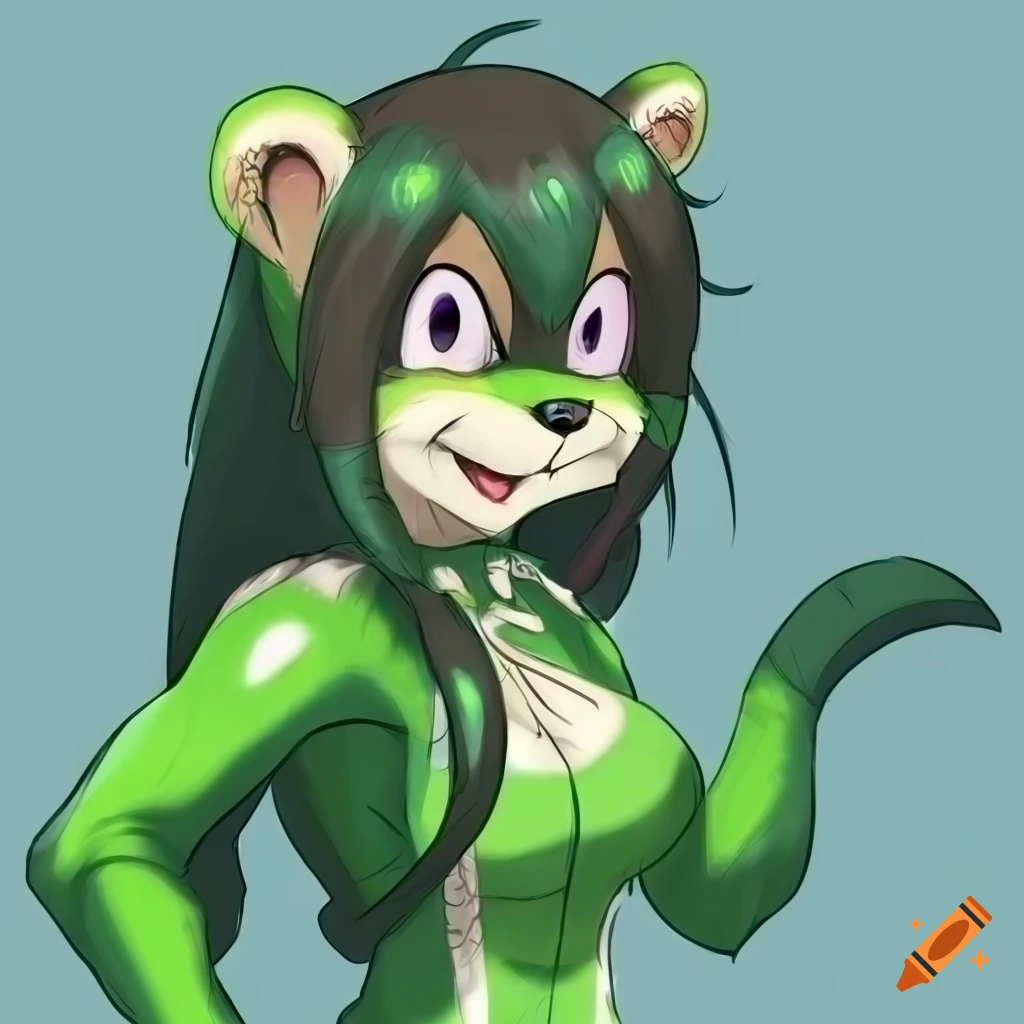 Tsuyu asui as a green anthro furry otter standing next to a river in the style of furry art on ...