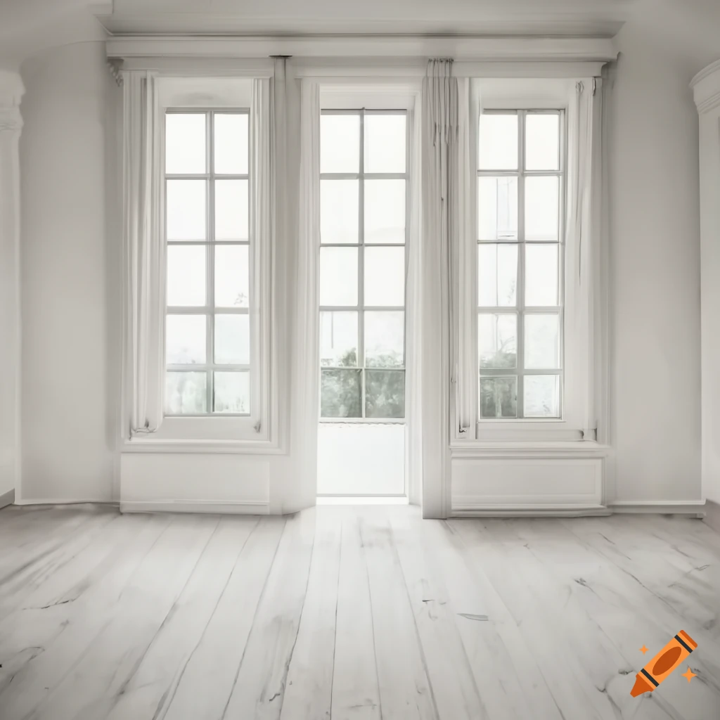 Great window in a big room with all walls white, a chimney white and ...