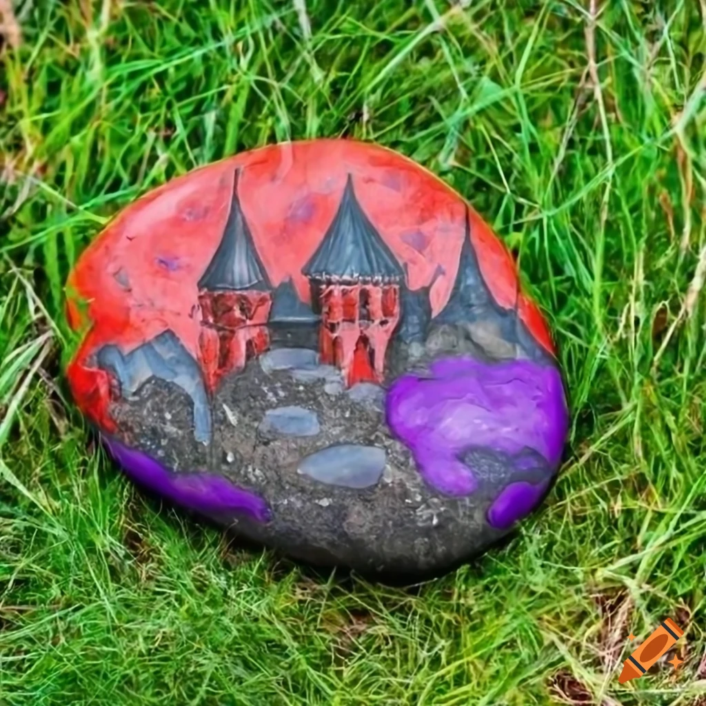 Glossy painted river stone of a painting of a gothic castle in red ...