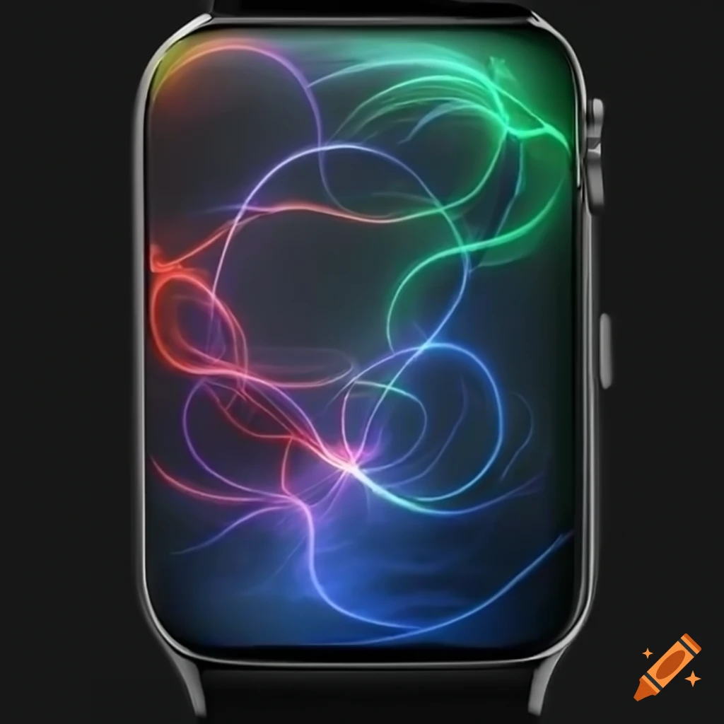 Smart watch, very detailed multicolor electric clouds on screen, dark ...