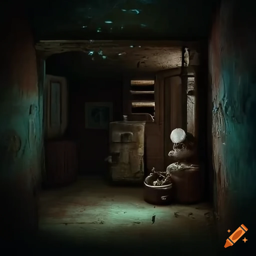 A dark basement with jars containing unnerving creatures on Craiyon