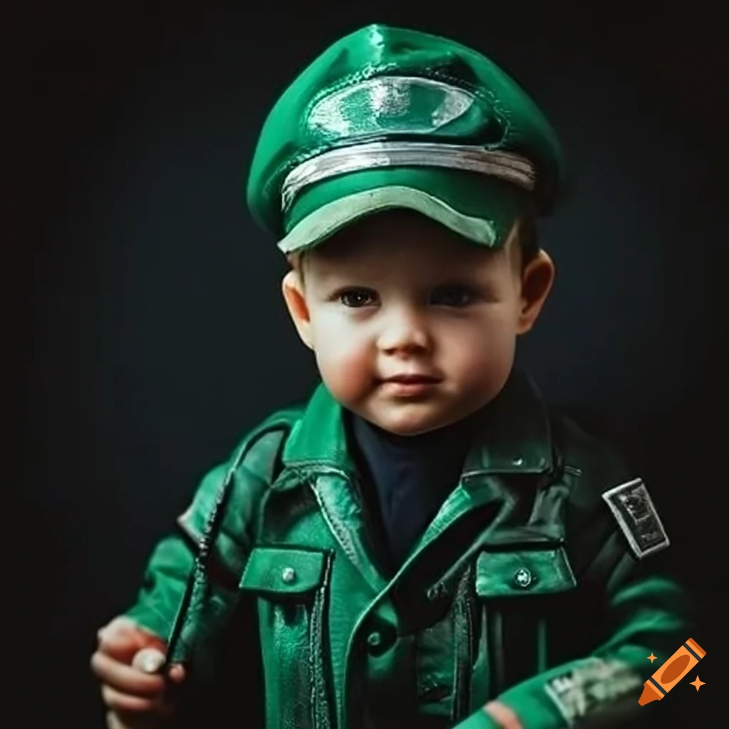 Toddler boy in german light green leather police motorcycle uniform