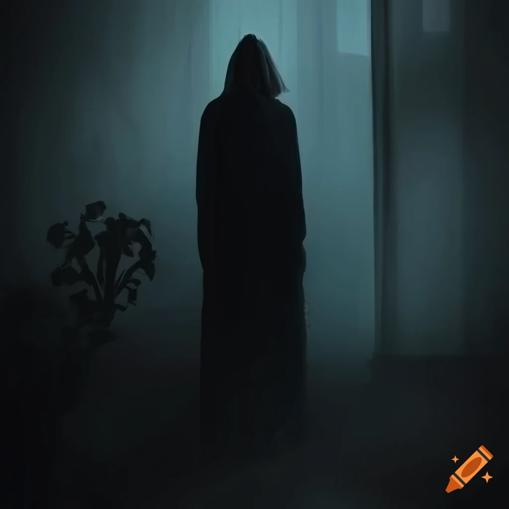 A very creepy and eerie ominous human standing in a dark living room ...