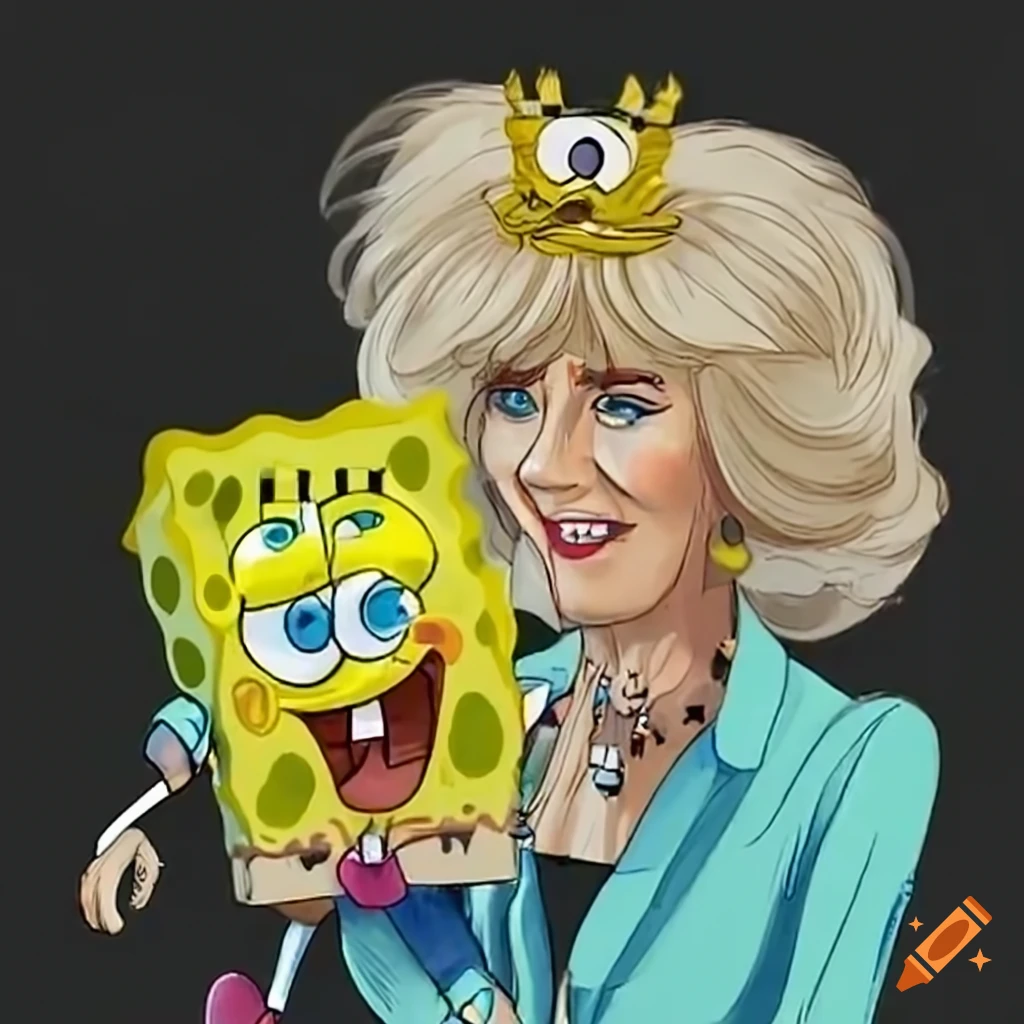 Spongebob as the king of England next to Queen Camilla on Craiyon