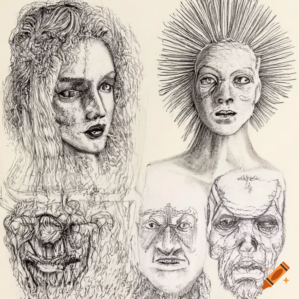 Pencil sketch of different intricate faces in the style of virgil finlay