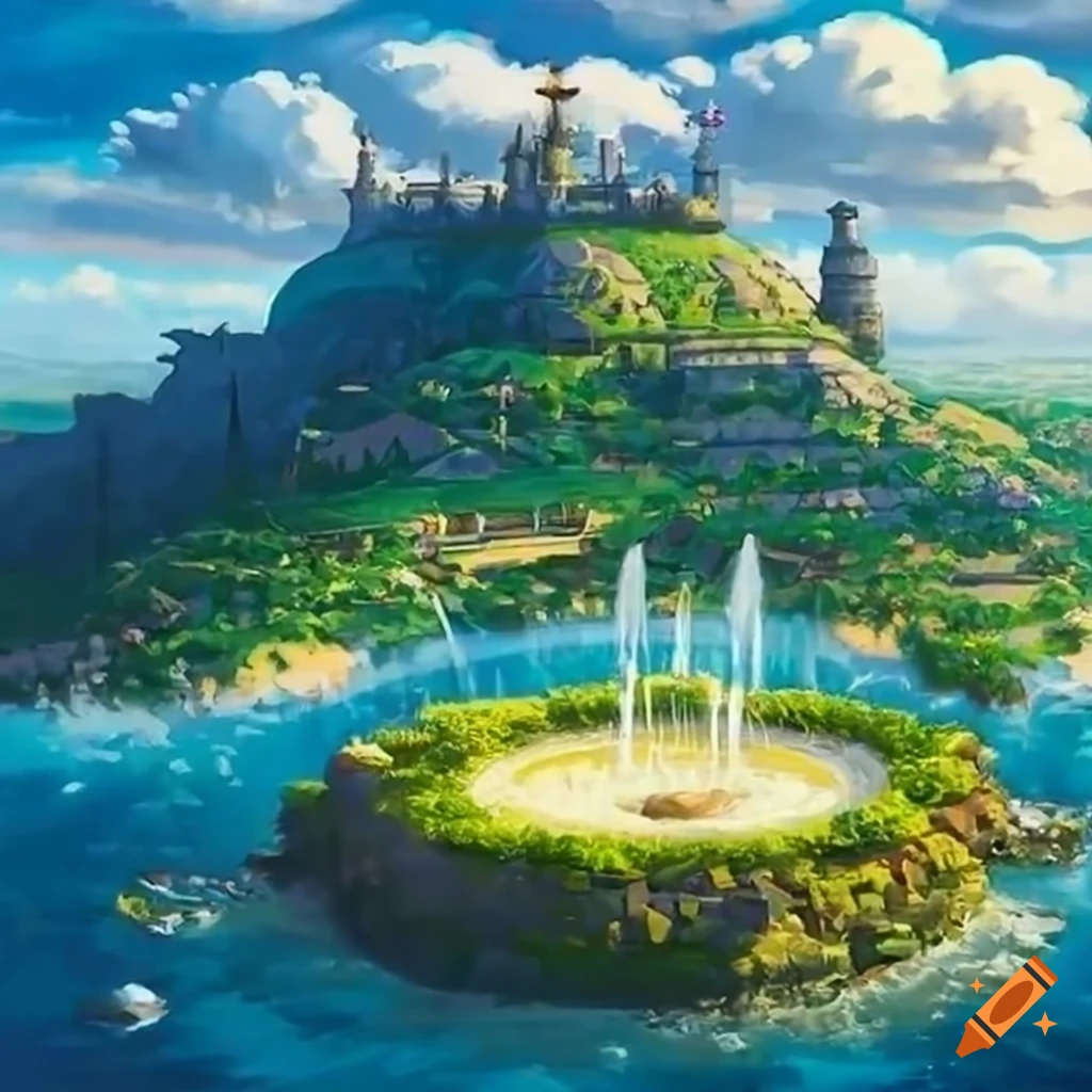 Small island with a fountain, anime background artwork in the style of ...