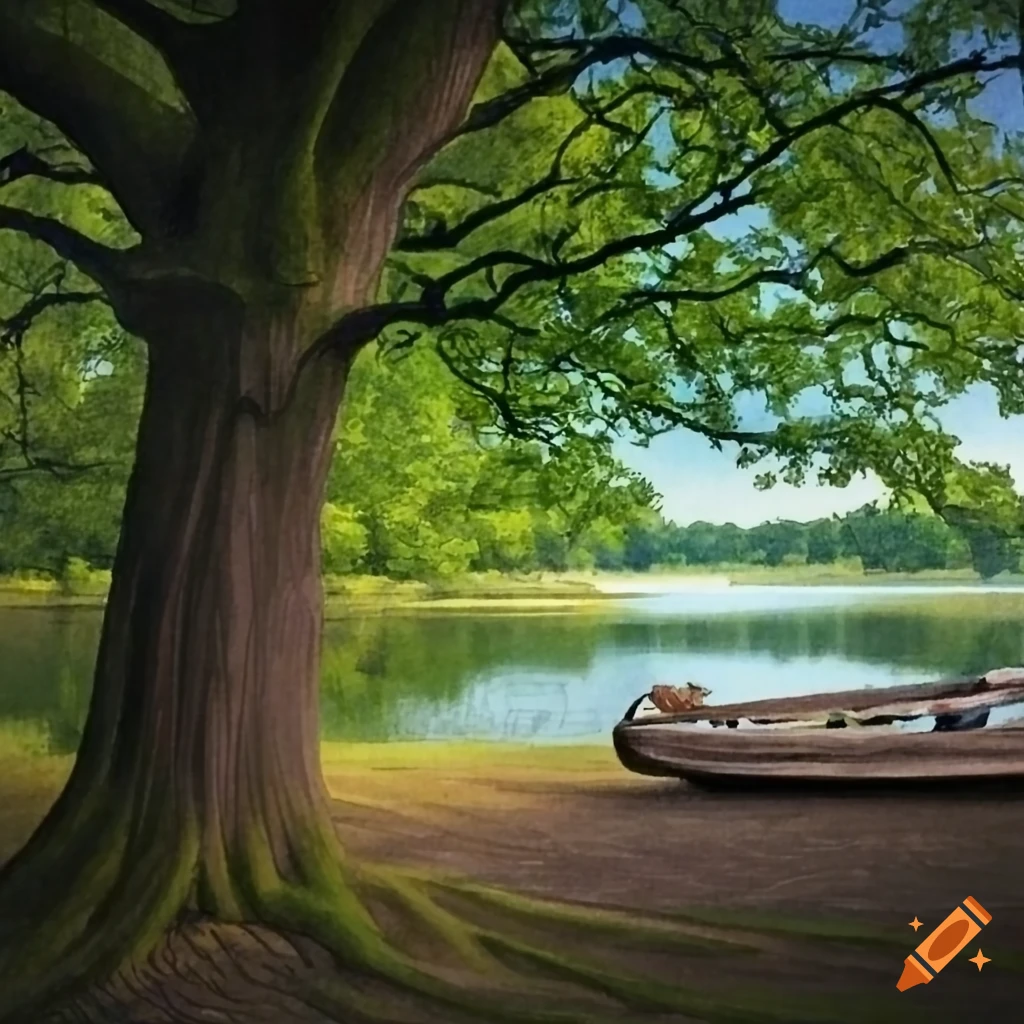 An artist drawing the loreley. Standing next to the river under an oak ...