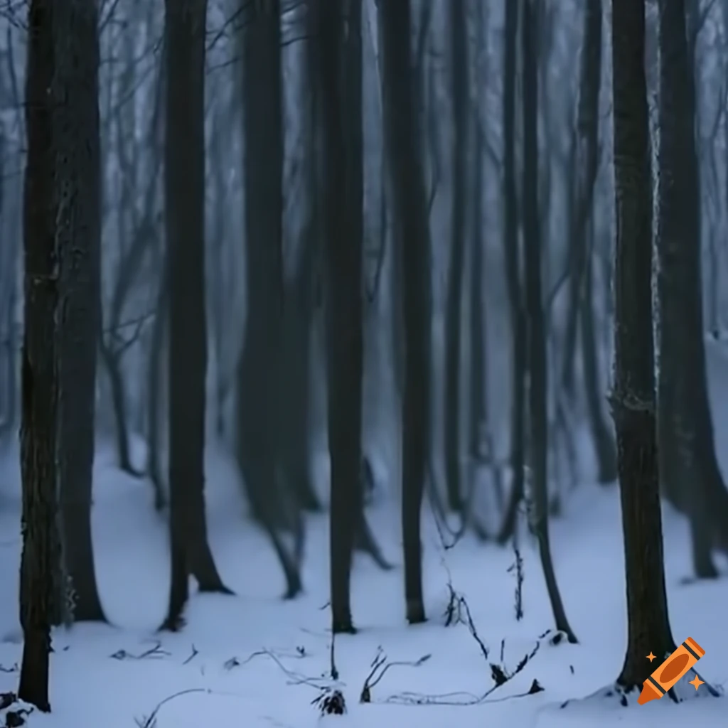 A terrifying monster lurking in the snowy forest on Craiyon