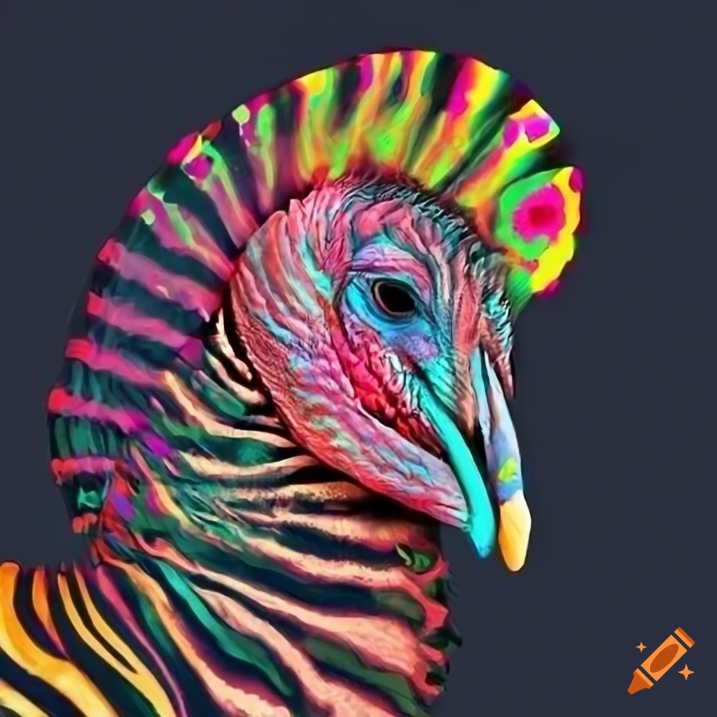 Psychedelic zebra-turkey hybrid, digital art on Craiyon
