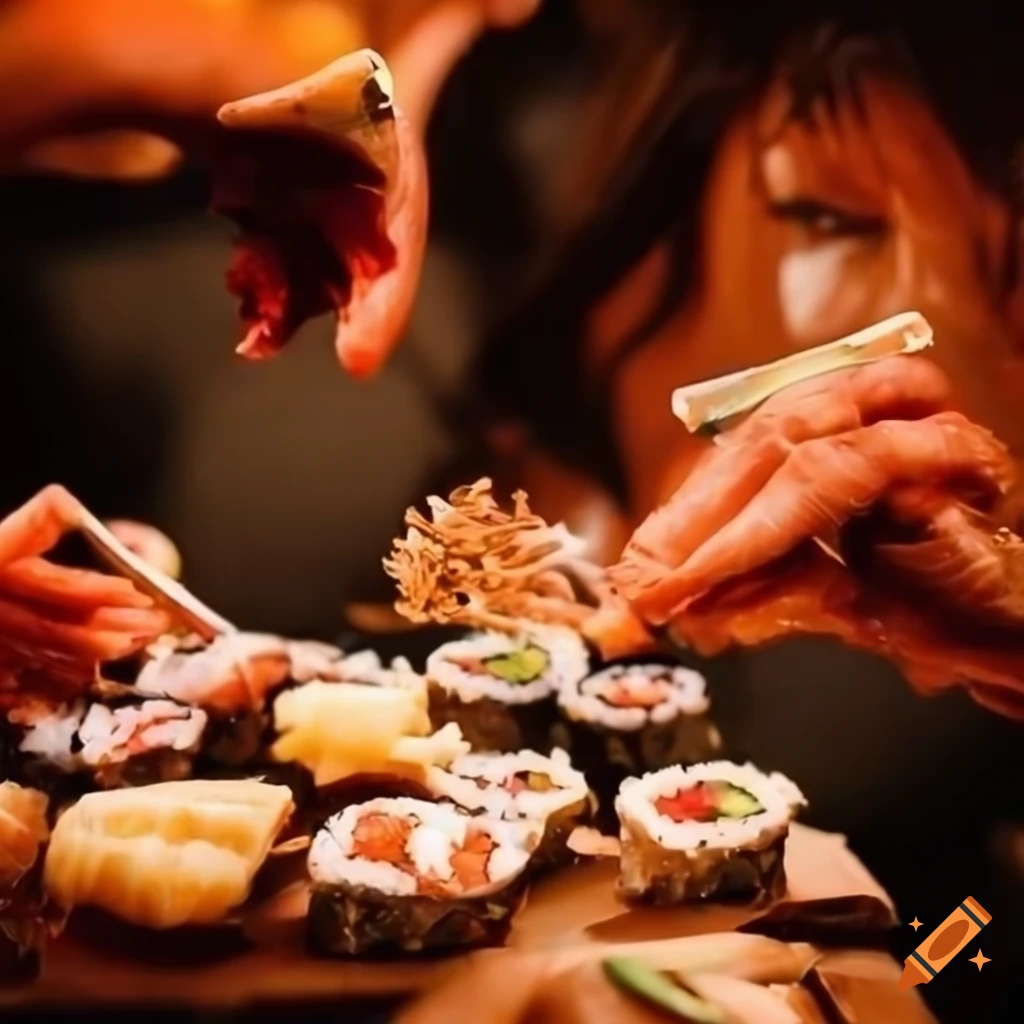 I need picture where people eat sushi outside