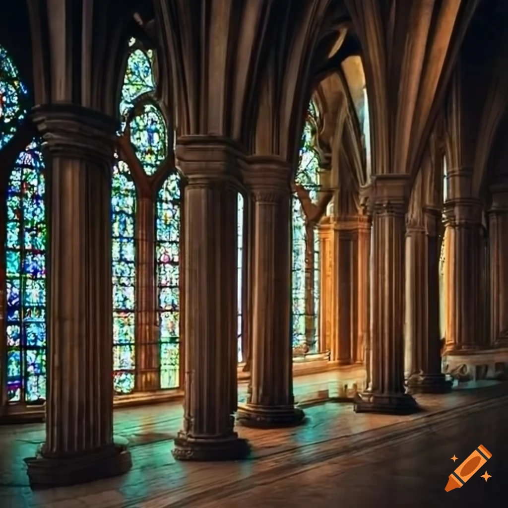 Pillars in ancient cathedral with stained windows on Craiyon