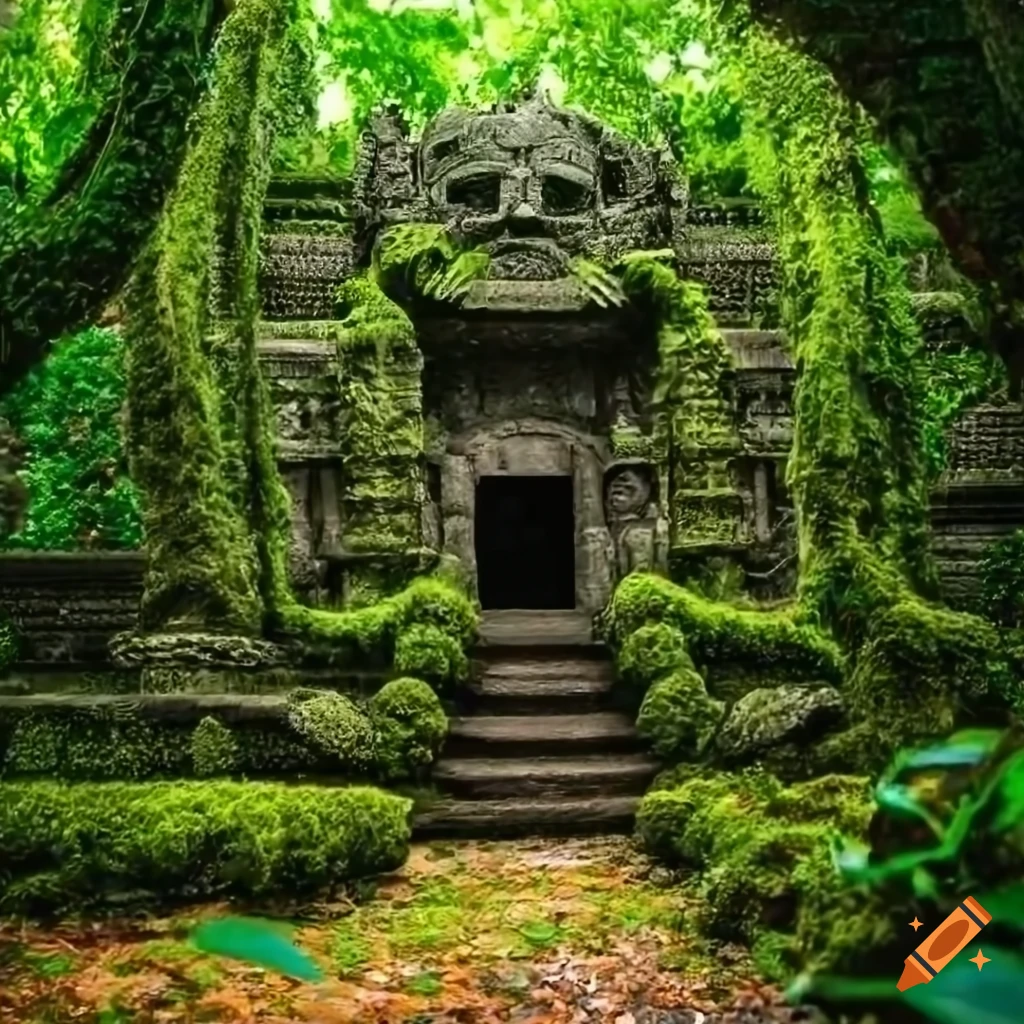 A giant stone sculpture of a bionicle mask covered with moss and vines ...