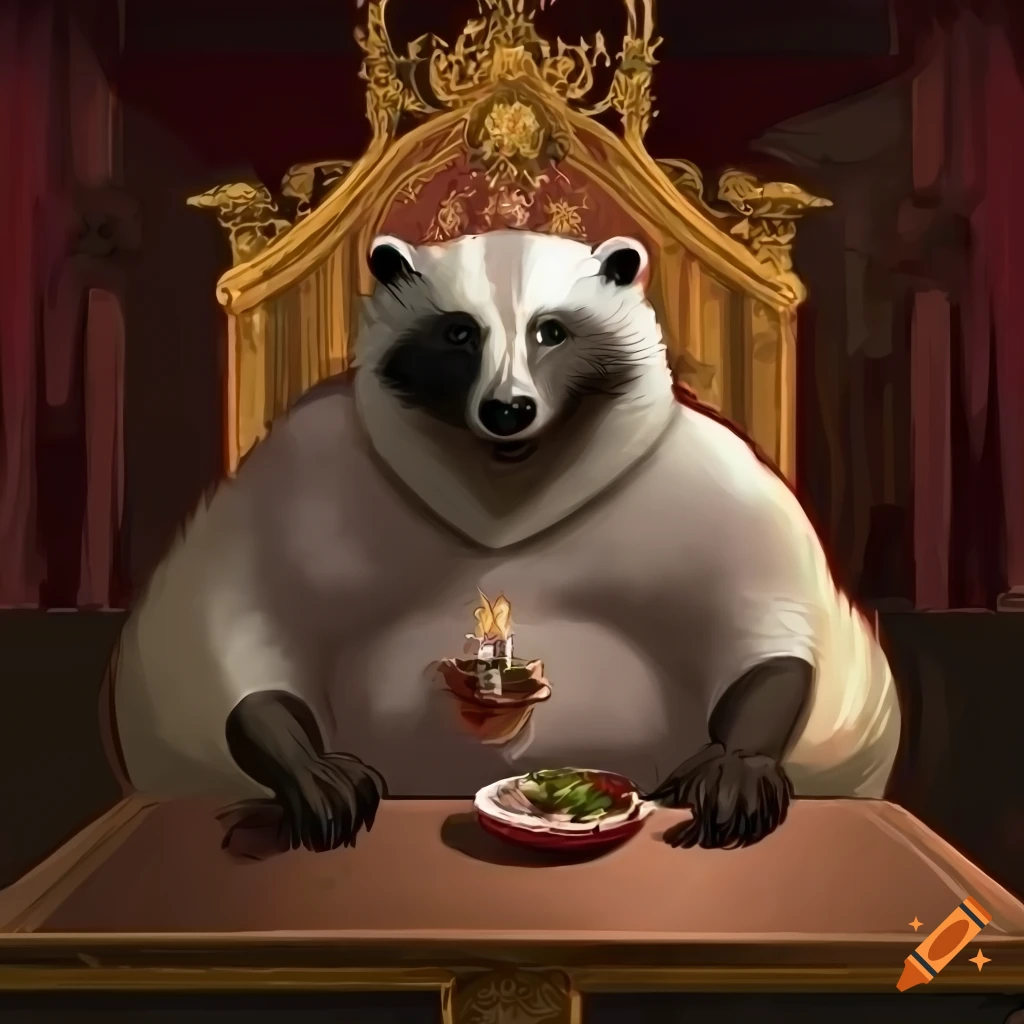 A fat gluttonous anthro badger wearing a royal robe with jewellery ...