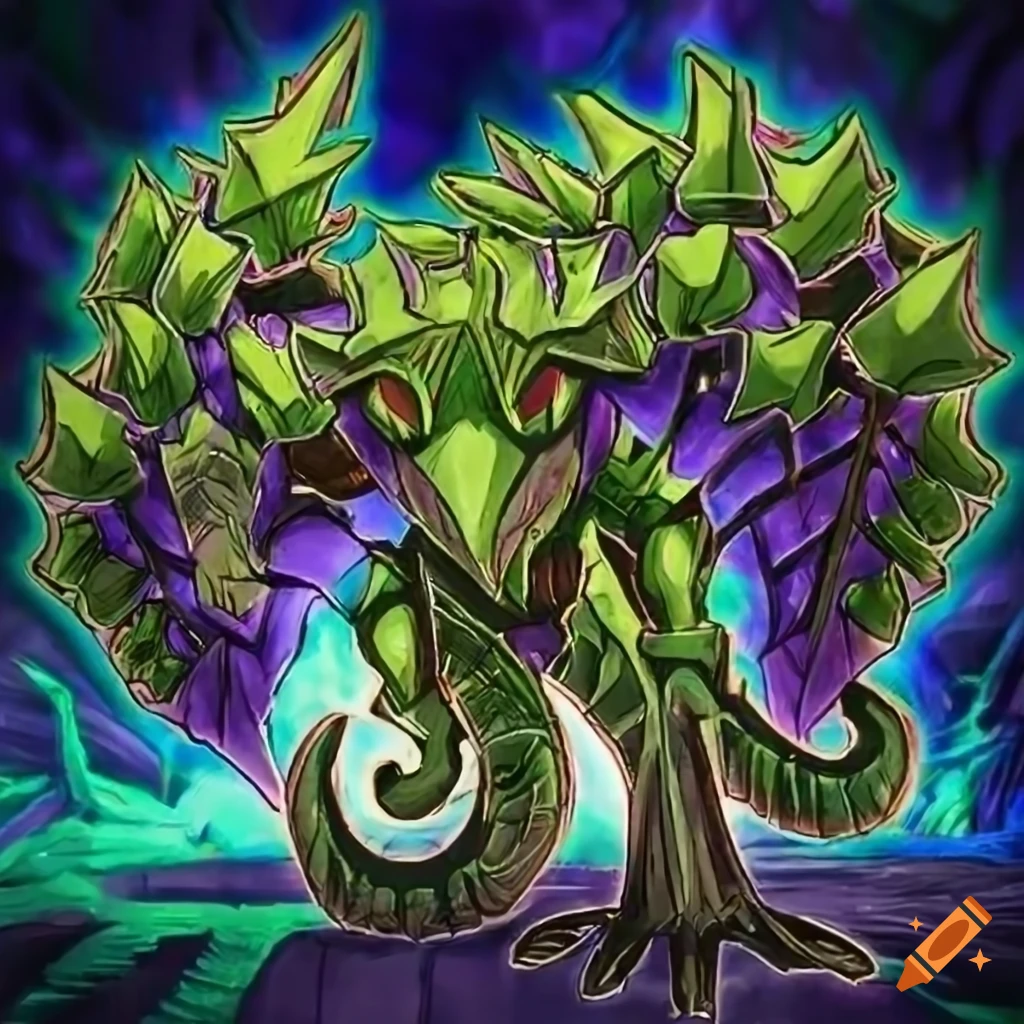 Yu gi oh card artwork style, plant that's a mix between a nightshade ...