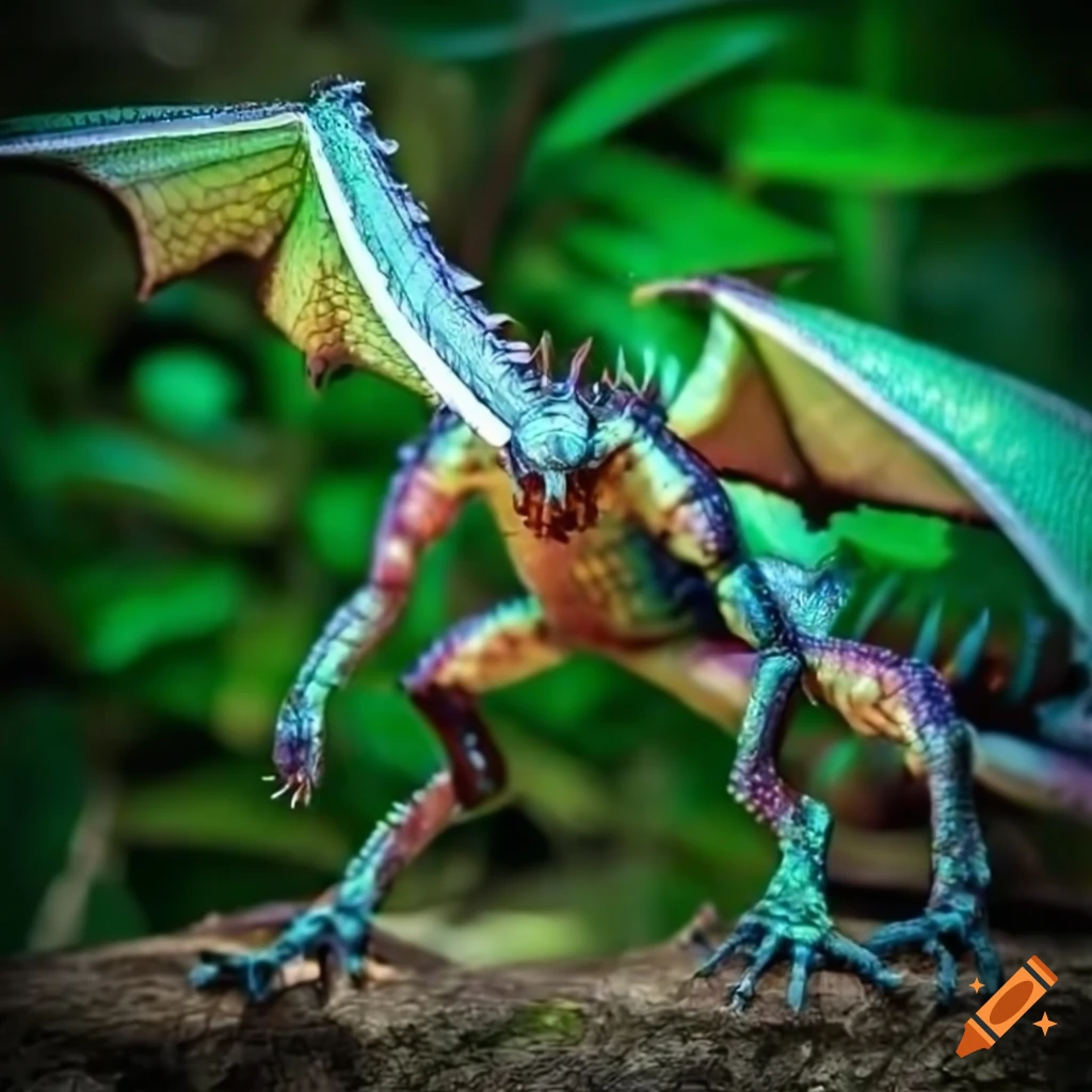 A whimsical forest insect-dragon hybrid creature with a mixture of features of both dragon and ...