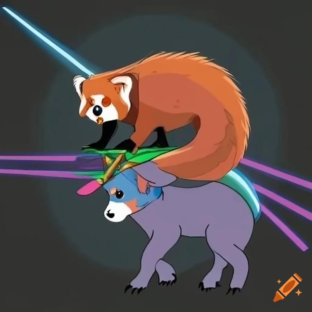 A red panda riding a unicorn that shoots lasers from its horn
