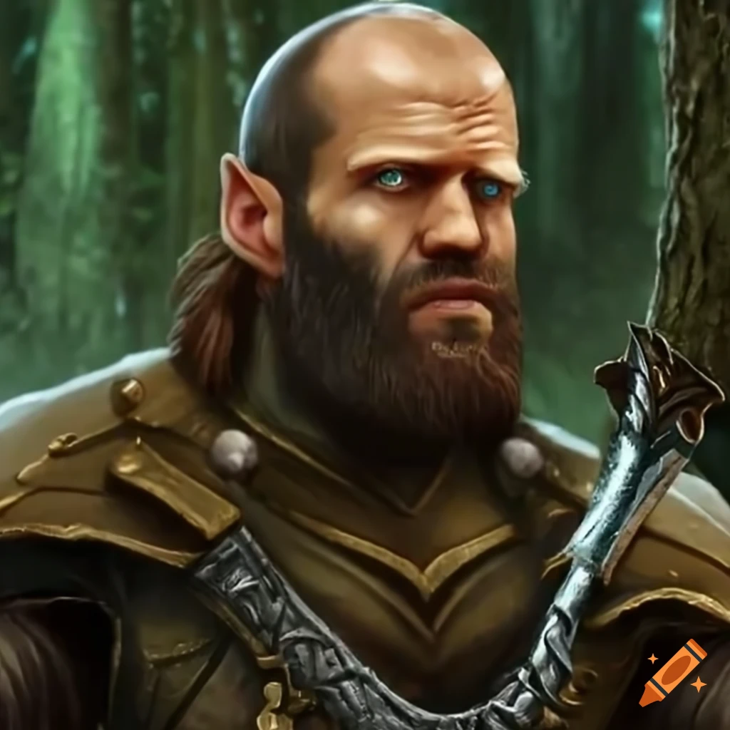 Dwarf elf jason statham in forest with giant sword
