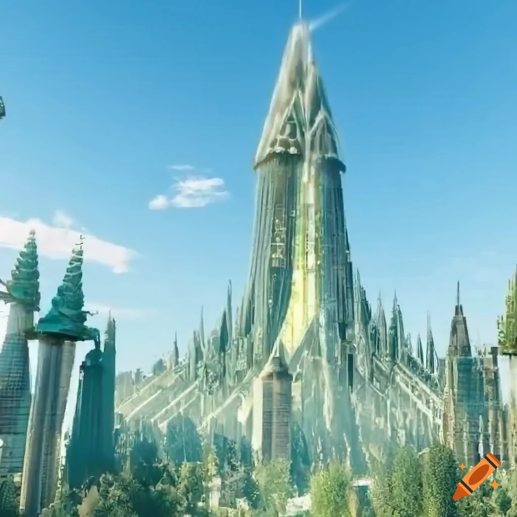 A breathtaking elven city amidst ethereal light, a crystal tower in the ...