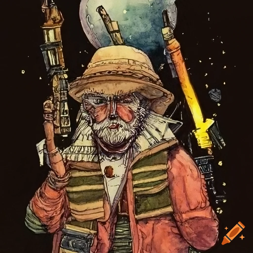 Space merchant, pen & ink, watercolor, illustration on Craiyon