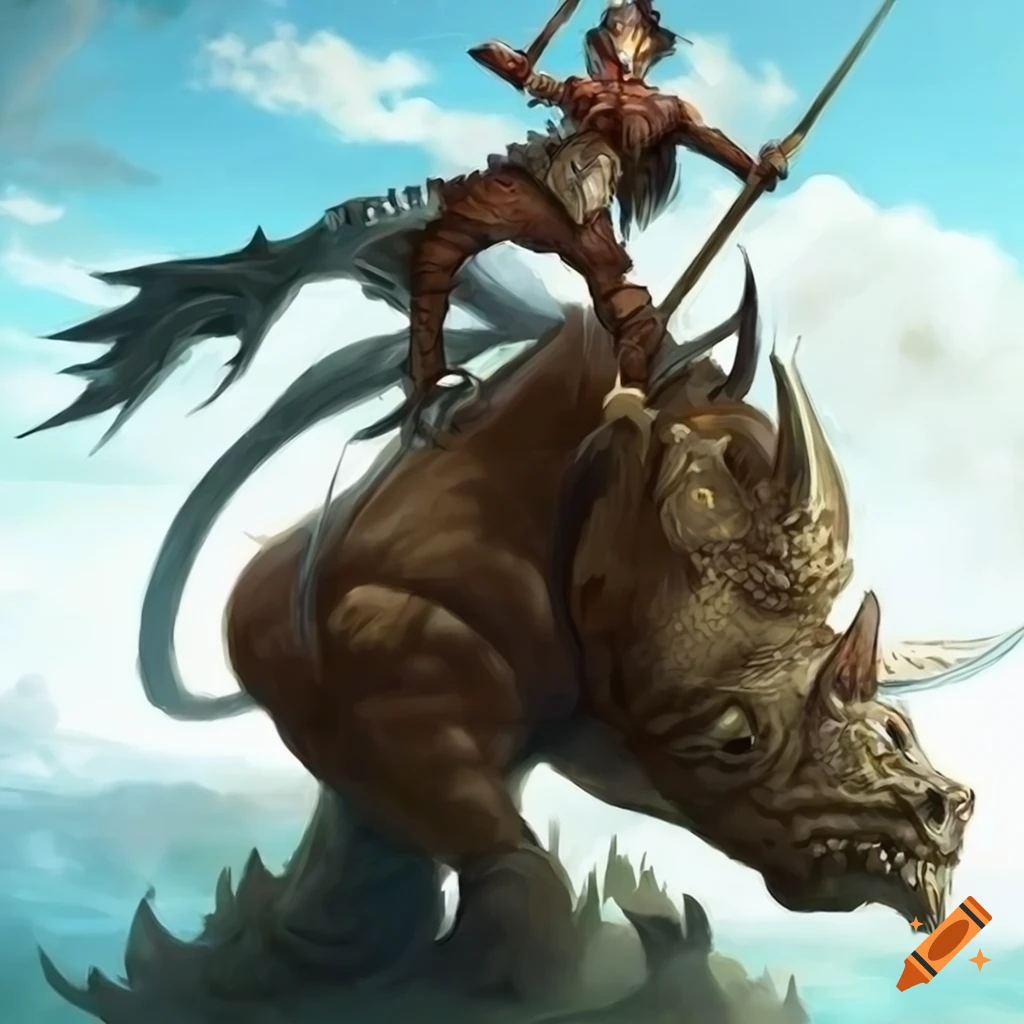 Fantasy artwork of a reptilian knight riding a rhino steed on Craiyon