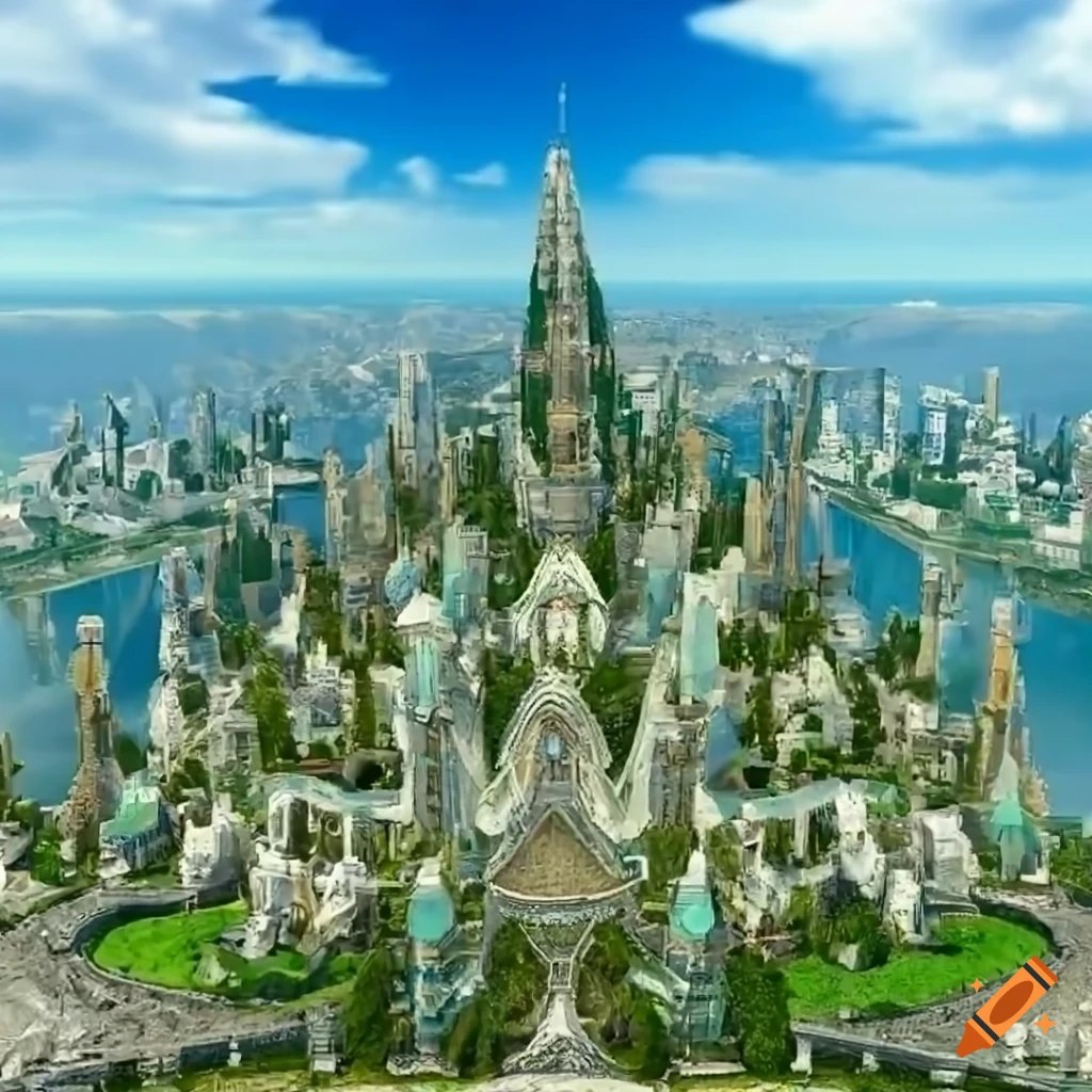 A breathtaking large elven city with many houses, a majestic crystal ...