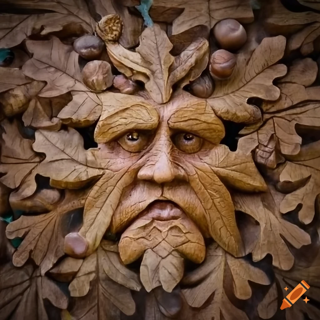 Green man, oak leaves and acorns motif, carved from oak