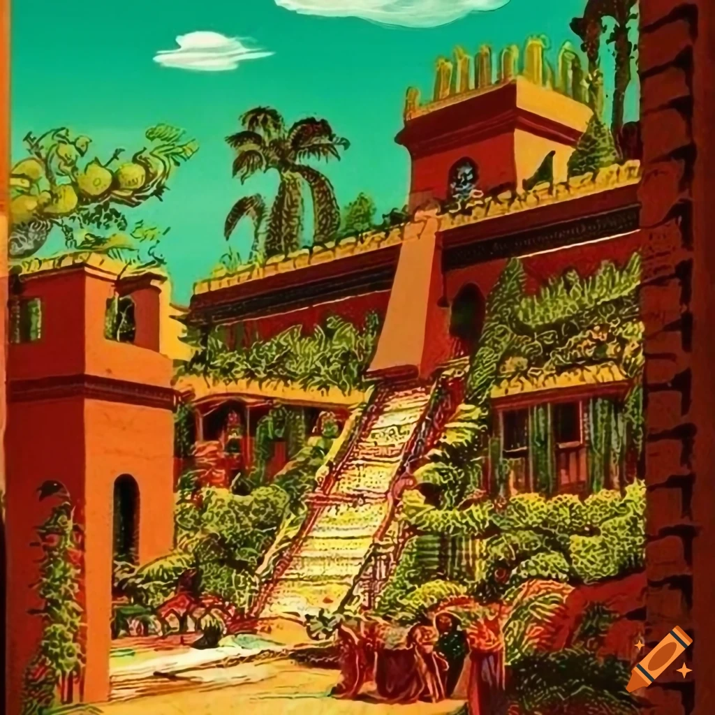 The hanging gardens of babylon, nostalgic vintage screen-printed travel ...