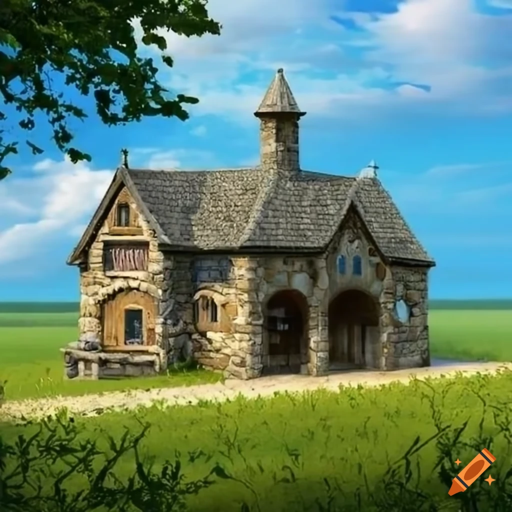 Large horse stable, stone built, fantasy, beautiful, meadow