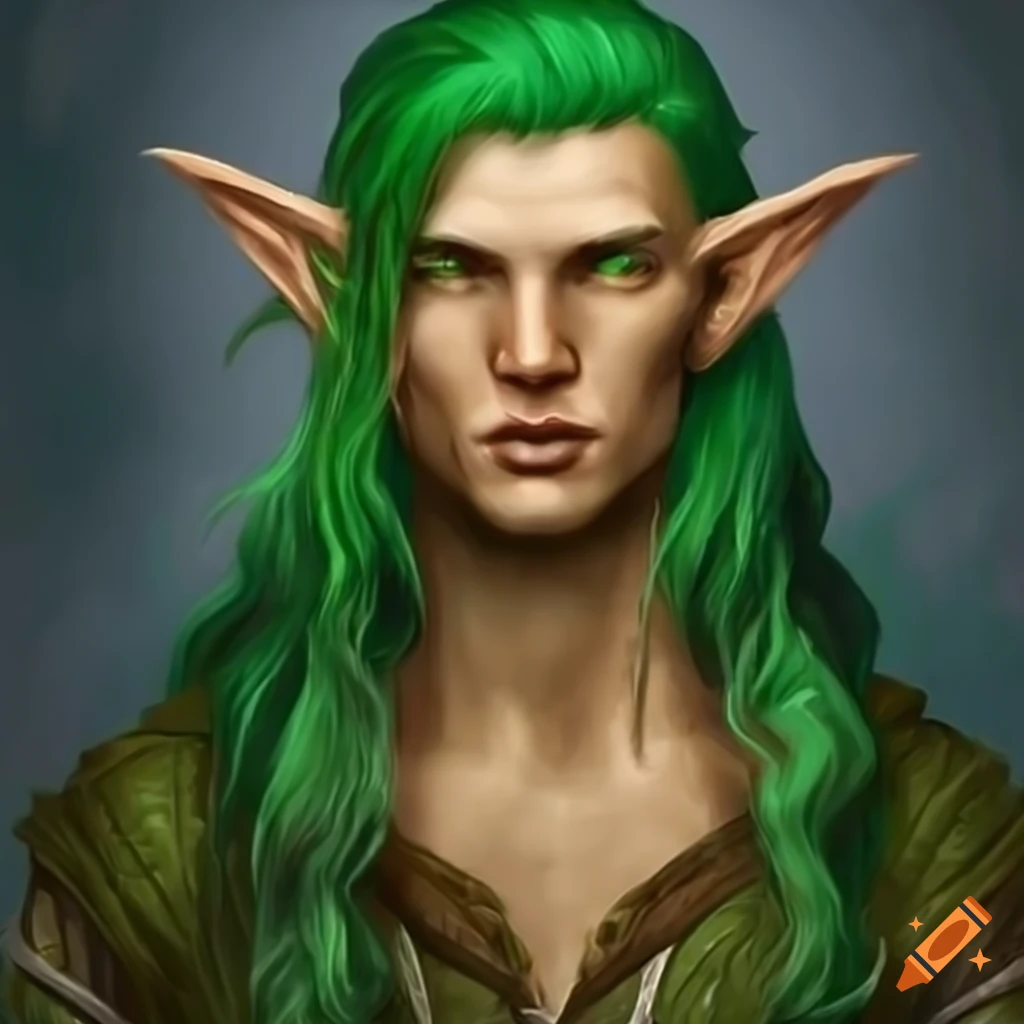Male elf druid with cropped green hair