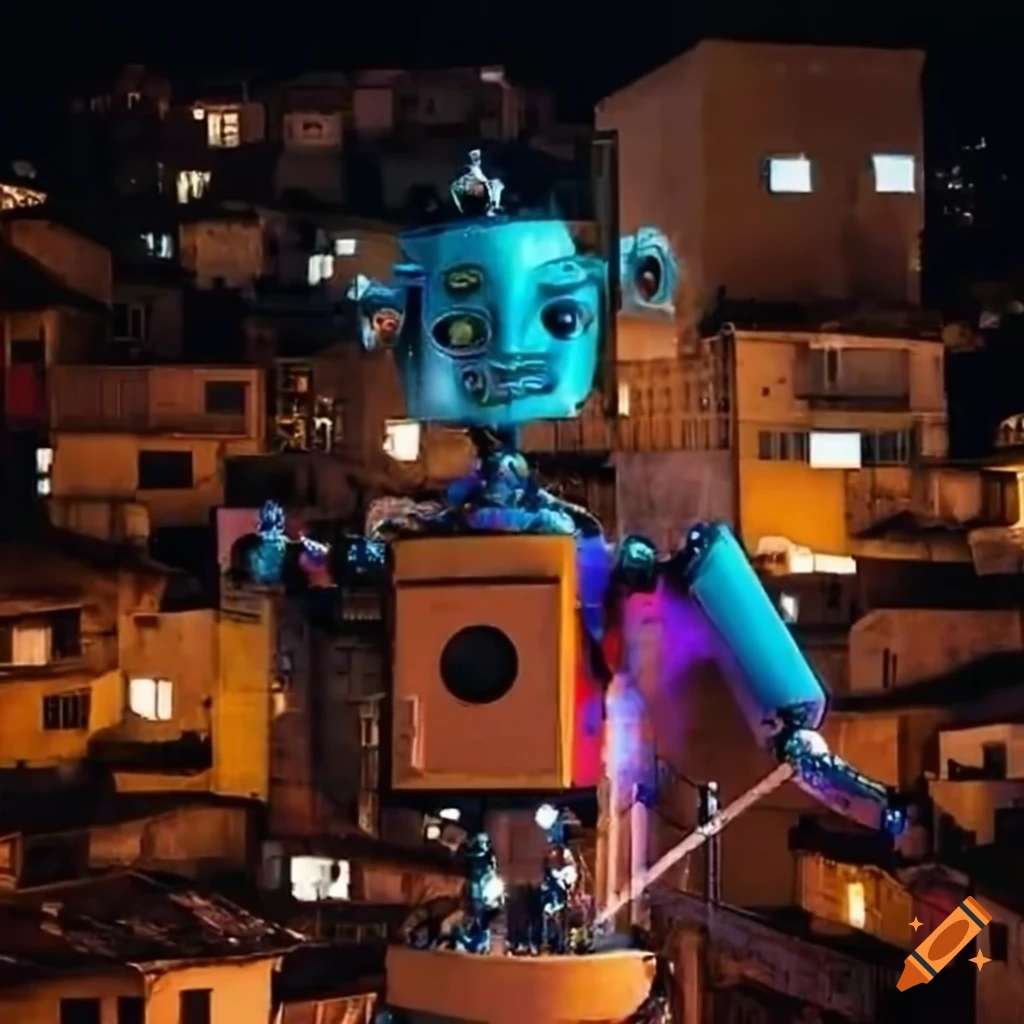 Robots dancing on the roofs of the favelas in brazil during the ...