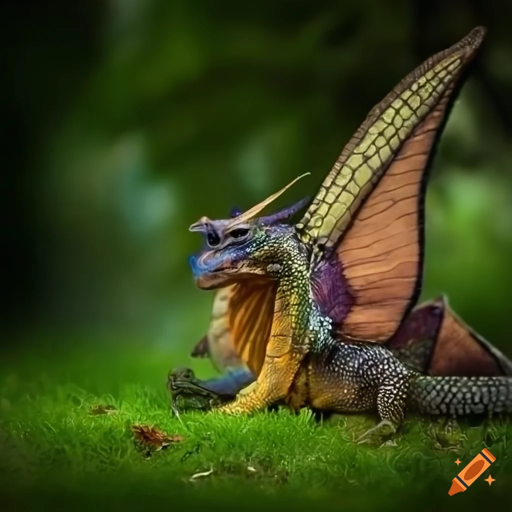 A whimsical forest insect-dragon hybrid creature with a mixture of features of both lizards and ...