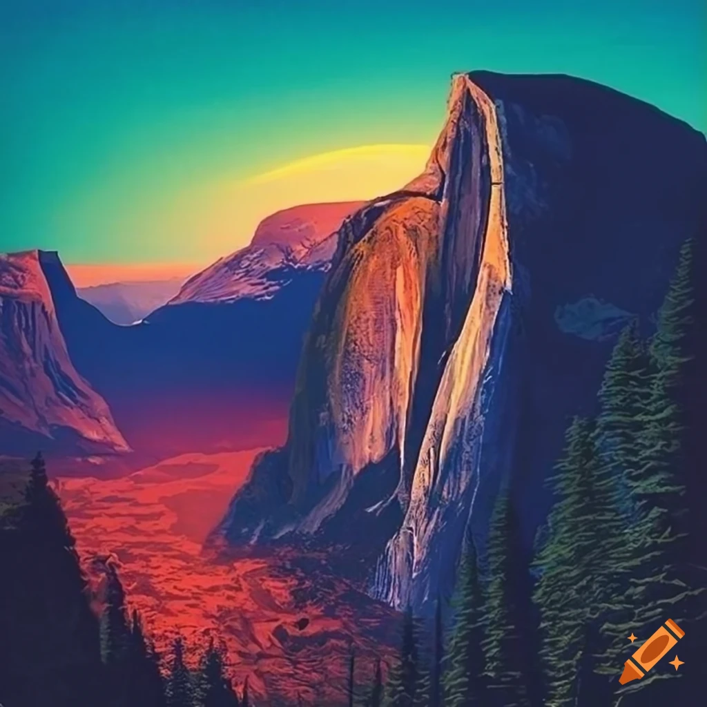 Yosemite valley, sunset, nostalgic vintage screen-printed travel poster ...