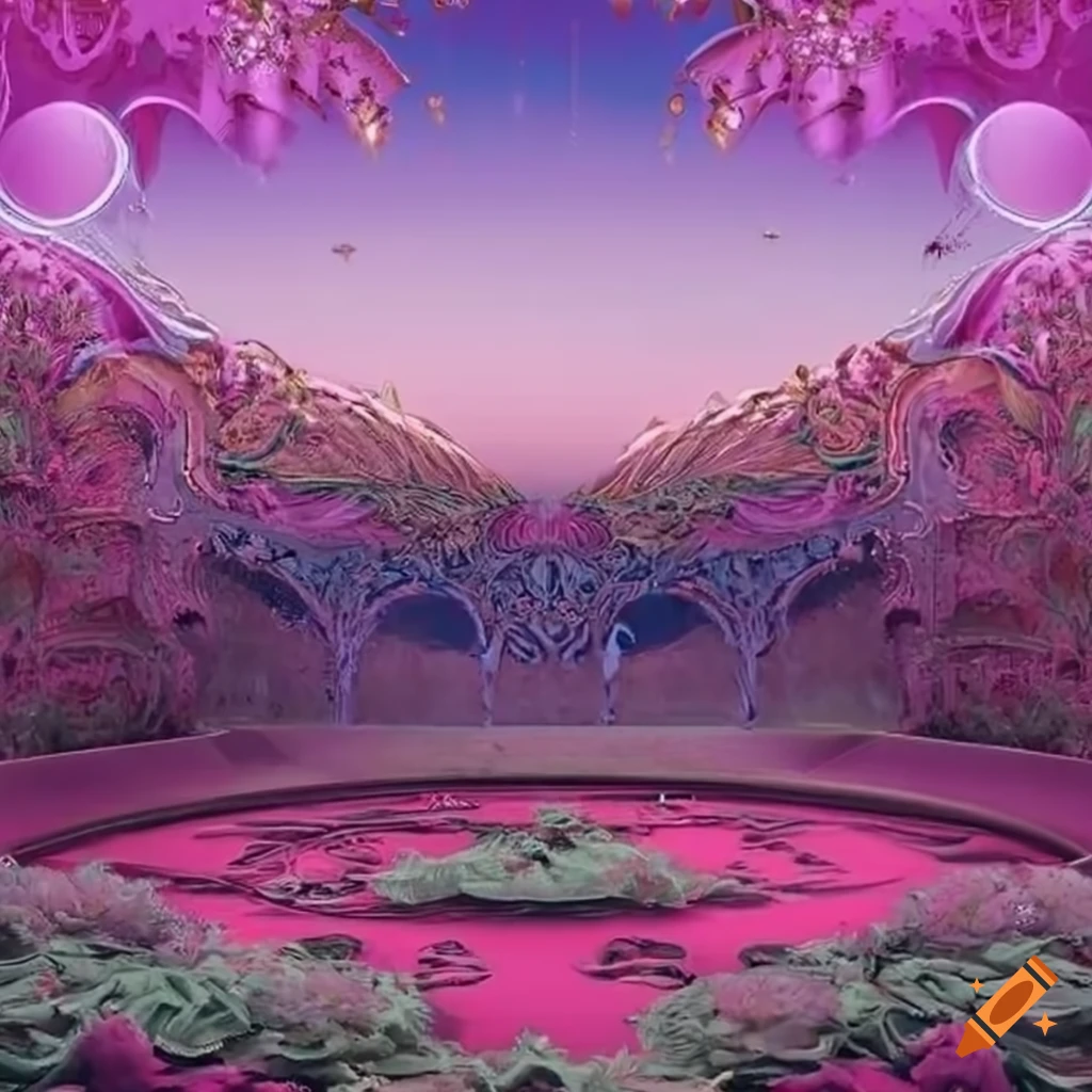 A stunning art nouveau-inspired metallic landscape with intricate pink ...
