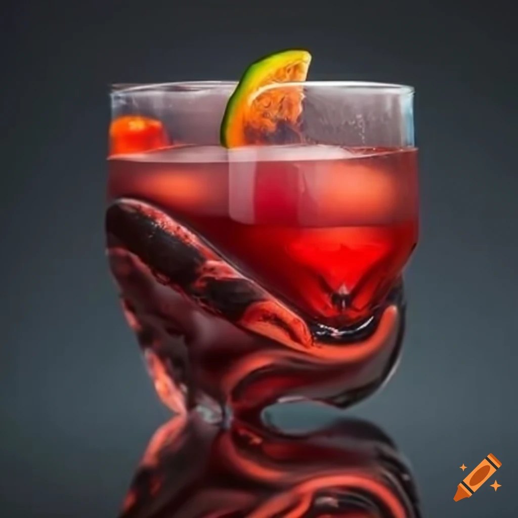 A cocktail with dark red and orange colors in a viper´s head shaped ...