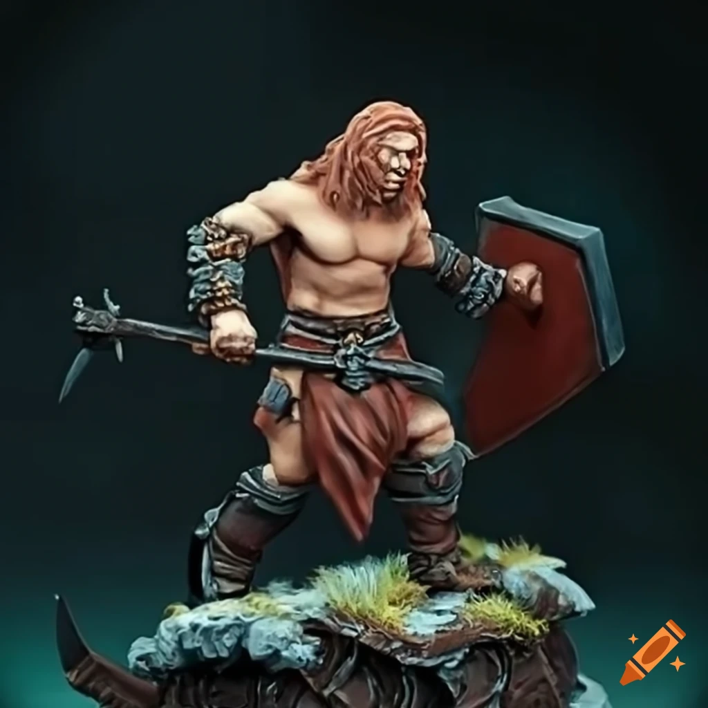 Male long haired barbarian wielding an axe ready for battle. Painted ...